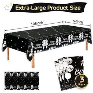 3 Pack Black and Silver Plastic Tablecloths for Rectangle Tables, Disposable Party Table Cloths, Black Silver Table Covers for Birthday Baby Shower Party Decorations Supplies Decorations, 54" x 108"