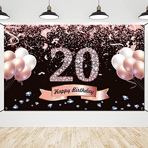 Trgowaul 20th Birthday Decorations for Women - Rose Gold 20th Birthday Backdrop for Women 5.9 X 3.6 Fts 20 Year Old Birthday Party Photography Supplies Background Happy 20th Birthday Banner