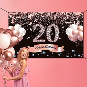 Trgowaul 20th Birthday Decorations for Women - Rose Gold 20th Birthday Backdrop for Women 5.9 X 3.6 Fts 20 Year Old Birthday Party Photography Supplies Background Happy 20th Birthday Banner