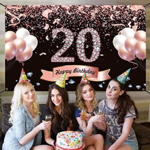 Trgowaul 20th Birthday Decorations for Women - Rose Gold 20th Birthday Backdrop for Women 5.9 X 3.6 Fts 20 Year Old Birthday Party Photography Supplies Background Happy 20th Birthday Banner