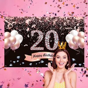 Trgowaul 20th Birthday Decorations for Women - Rose Gold 20th Birthday Backdrop for Women 5.9 X 3.6 Fts 20 Year Old Birthday Party Photography Supplies Background Happy 20th Birthday Banner