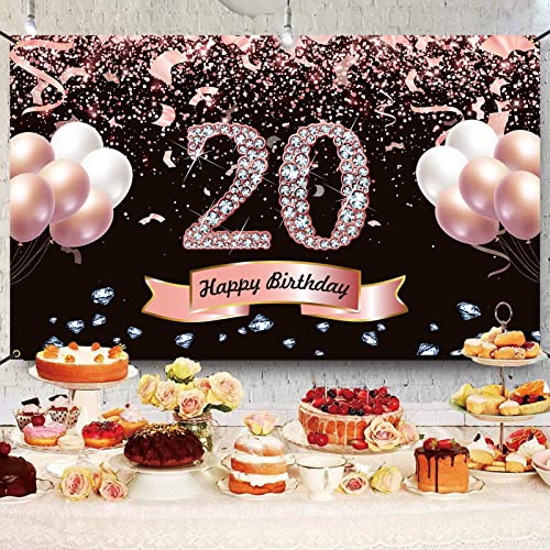 Trgowaul 20th Birthday Decorations for Women - Rose Gold 20th Birthday Backdrop for Women 5.9 X 3.6 Fts 20 Year Old Birthday Party Photography Supplies Background Happy 20th Birthday Banner