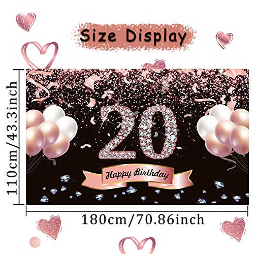 Trgowaul 20th Birthday Decorations for Women - Rose Gold 20th Birthday Backdrop for Women 5.9 X 3.6 Fts 20 Year Old Birthday Party Photography Supplies Background Happy 20th Birthday Banner