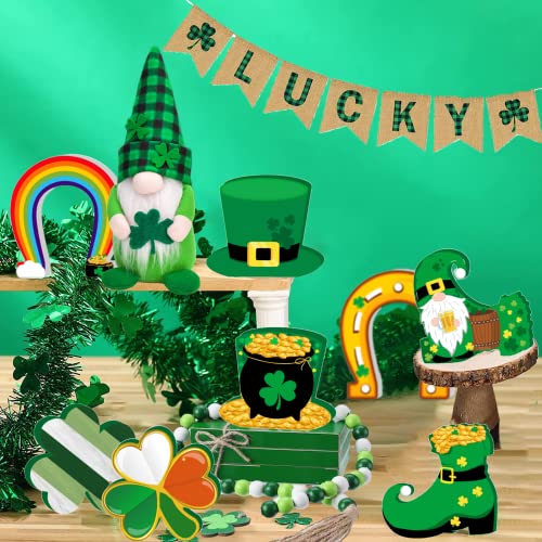 4 Pieces St. Patrick's Day Table Wooden Signs Lucky Shamrock Gnomes Wooden Signs St. Patrick's Table Decorations Irish Lucky Table Centerpiece for Desk Office Home Party Decoration Tiered Tray Decor