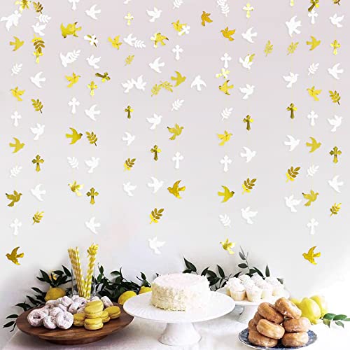 40Ft Gold and White Peace Doves Olive Leaf Cross Paper Garland Streamer for Spring Wedding Bridal Baby Shower Birthday Engagement First Holy Communion Religious Christian Baptism Tea Party Decorations