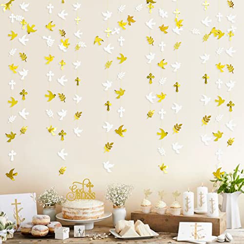 40Ft Gold and White Peace Doves Olive Leaf Cross Paper Garland Streamer for Spring Wedding Bridal Baby Shower Birthday Engagement First Holy Communion Religious Christian Baptism Tea Party Decorations