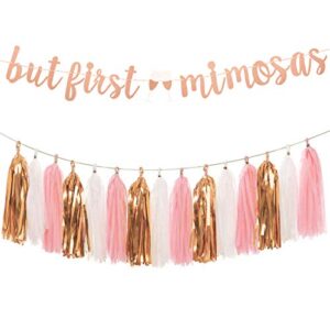 aonor rose gold mimosa bar bridal shower decorations supplies – glittery but first mimosas banner and tissue paper tassels garland for wedding baby shower party bar sign decorations