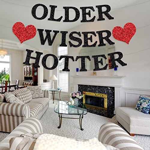 PALASASA Older Wiser Hotter Banner - Funny 30th 40th 50h 60th 70th 80th Birthday Party Decorations, Black Red Glitter Photobooth Decorations Backdrop