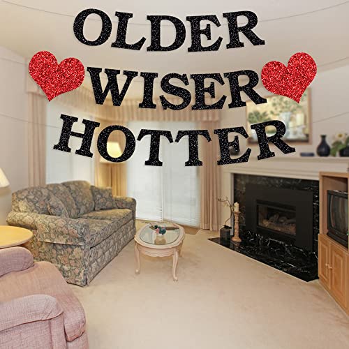 PALASASA Older Wiser Hotter Banner - Funny 30th 40th 50h 60th 70th 80th Birthday Party Decorations, Black Red Glitter Photobooth Decorations Backdrop