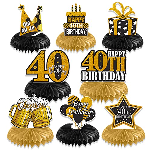 40th Birthday Decoration Honeycomb Centerpieces for Women Men, 8 Pcs Black Gold Cheers to 40 Years Table Centerpiece Toppers, Forty Years Birthday Party Creative Table Sign Décor, Easy Set Up, Vicycaty