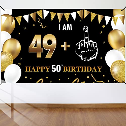 Funny 50th Birthday Decoration I Am 49+1 Banner Backdrop for Men Women, Black Gold 50 Birthday Banner Party Supplies, 50 Years Old Birthday Background Booth Props Decor for Outdoor Indoor