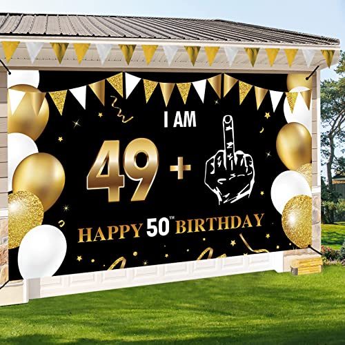 Funny 50th Birthday Decoration I Am 49+1 Banner Backdrop for Men Women, Black Gold 50 Birthday Banner Party Supplies, 50 Years Old Birthday Background Booth Props Decor for Outdoor Indoor