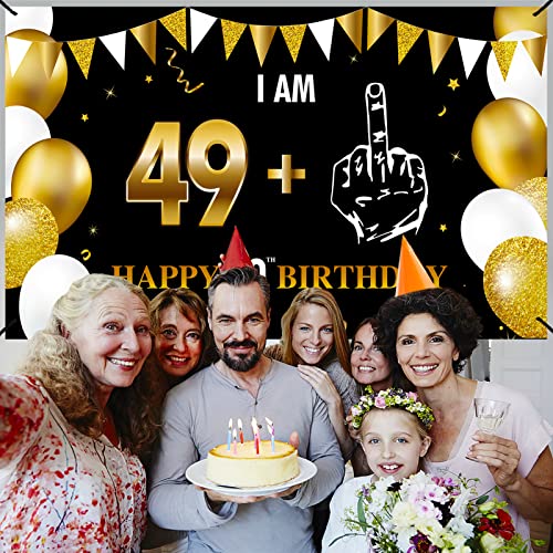 Funny 50th Birthday Decoration I Am 49+1 Banner Backdrop for Men Women, Black Gold 50 Birthday Banner Party Supplies, 50 Years Old Birthday Background Booth Props Decor for Outdoor Indoor