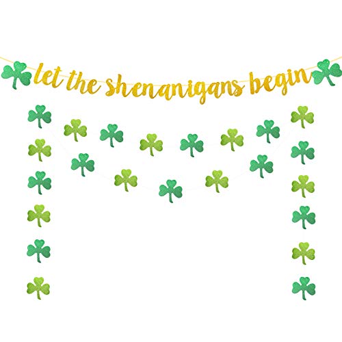 Weimaro Let The Shenanigans Begin Banner, Glittery St. Patrick’s Day Decorations, Indoor Home St Patricks Day Sign, St Patty’s Day Deocrations, Welcome Irish Party Decorations Supplies