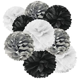 wrapables® set of 9 tissue pom pom party decorations for weddings, birthday parties baby showers and nursery decor, black/silver/white