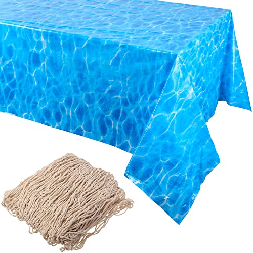 Ocean Waves Plastic Tablecloth Blue 54 x 108 Inch Underwater Party Table Cover and Fish Net Party Decorations Nautical Themed Cotton Fishnet Pirate Decor Mermaid Table Cloths for Parties(2 Pieces)