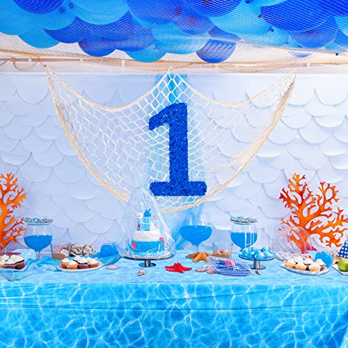 Ocean Waves Plastic Tablecloth Blue 54 x 108 Inch Underwater Party Table Cover and Fish Net Party Decorations Nautical Themed Cotton Fishnet Pirate Decor Mermaid Table Cloths for Parties(2 Pieces)