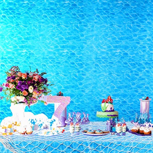 Ocean Waves Plastic Tablecloth Blue 54 x 108 Inch Underwater Party Table Cover and Fish Net Party Decorations Nautical Themed Cotton Fishnet Pirate Decor Mermaid Table Cloths for Parties(2 Pieces)