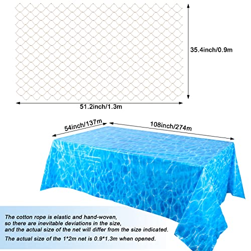 Ocean Waves Plastic Tablecloth Blue 54 x 108 Inch Underwater Party Table Cover and Fish Net Party Decorations Nautical Themed Cotton Fishnet Pirate Decor Mermaid Table Cloths for Parties(2 Pieces)