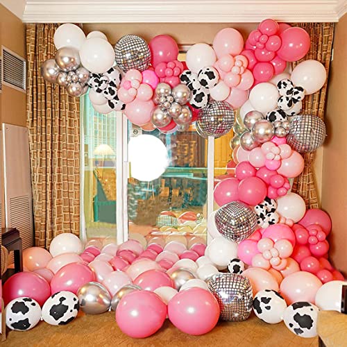 BALONAR 140Pcs Disco Cowgirl Pink Balloons Arch Garland Kit with 22/12/10/5inch Hot Pink Silver Cow Print Farm Animal Balloons for Girl Birthday Party Baby Shower Bridal Shower Wedding Supplies (Pink)