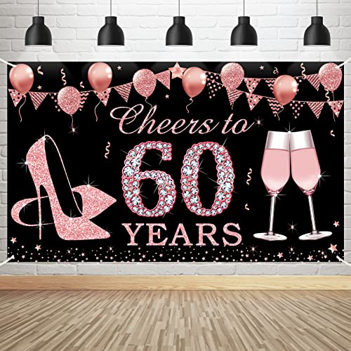 Kauayurk Birthday Decorations Cheers to 60 Years Banner, Rose Gold 60 Year Old Birthday Backdrop Party Supplies for Women, Large Fifty Birthday Poster Sign Decor