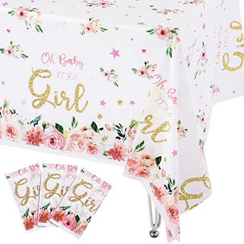 3 Pack oh Baby It's a Girl Plastic Tablecloths for Rectangle Tables, Disposable Party Table Cloths, Pink Floral and Gold Table Covers for Girl Baby Shower Gender Reveal Decorations, 54" x 108"