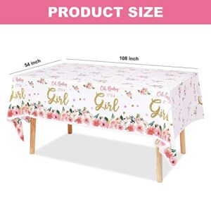 3 Pack oh Baby It's a Girl Plastic Tablecloths for Rectangle Tables, Disposable Party Table Cloths, Pink Floral and Gold Table Covers for Girl Baby Shower Gender Reveal Decorations, 54" x 108"