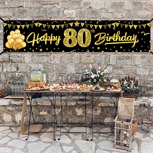 Happy 80th Birthday Banner Decorations for Women Men, Black Gold 80 Birthday Sign Party Supplies, 80 Year Old Birthday Backdrop Background Decor for Indoor Outdoor