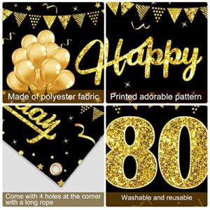 Happy 80th Birthday Banner Decorations for Women Men, Black Gold 80 Birthday Sign Party Supplies, 80 Year Old Birthday Backdrop Background Decor for Indoor Outdoor