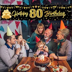 Happy 80th Birthday Banner Decorations for Women Men, Black Gold 80 Birthday Sign Party Supplies, 80 Year Old Birthday Backdrop Background Decor for Indoor Outdoor