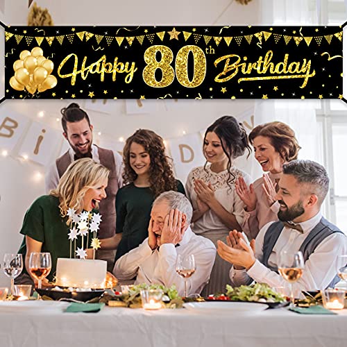 Happy 80th Birthday Banner Decorations for Women Men, Black Gold 80 Birthday Sign Party Supplies, 80 Year Old Birthday Backdrop Background Decor for Indoor Outdoor