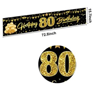 Happy 80th Birthday Banner Decorations for Women Men, Black Gold 80 Birthday Sign Party Supplies, 80 Year Old Birthday Backdrop Background Decor for Indoor Outdoor