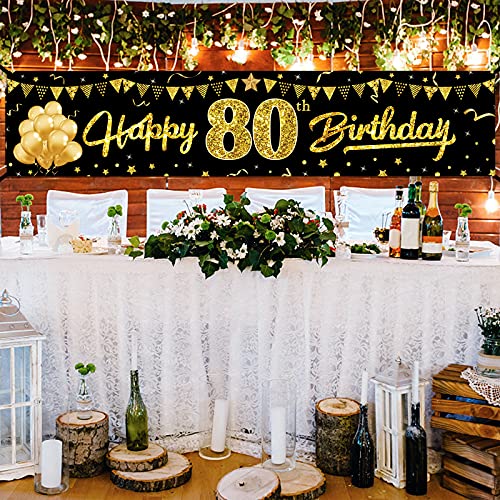 Happy 80th Birthday Banner Decorations for Women Men, Black Gold 80 Birthday Sign Party Supplies, 80 Year Old Birthday Backdrop Background Decor for Indoor Outdoor