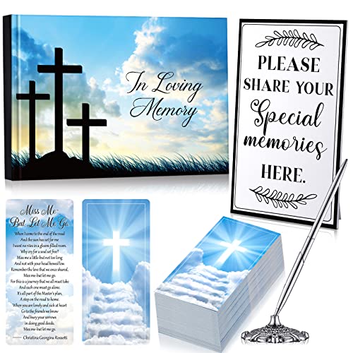 Funeral Guest Book for Memorial Service Celebration of Life Guest Book 100 Pieces Double Sided Prayer Funeral Cards Silver Signature Pen with Stand and Memory Table Sign Funeral Favors (Crosses Style)