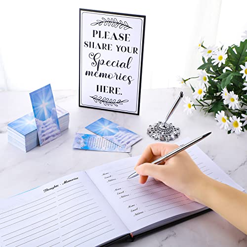 Funeral Guest Book for Memorial Service Celebration of Life Guest Book 100 Pieces Double Sided Prayer Funeral Cards Silver Signature Pen with Stand and Memory Table Sign Funeral Favors (Crosses Style)