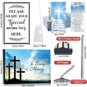 Funeral Guest Book for Memorial Service Celebration of Life Guest Book 100 Pieces Double Sided Prayer Funeral Cards Silver Signature Pen with Stand and Memory Table Sign Funeral Favors (Crosses Style)