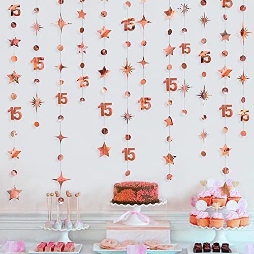 Rose Gold 15th Birthday Decorations Number 15 Circle Dot Twinkle Star Garland Metallic Hanging Streamer Bunting Banner Backdrop for Girls Boys Fifteen Year Old Birthday 15th Anniversary Party Supplies