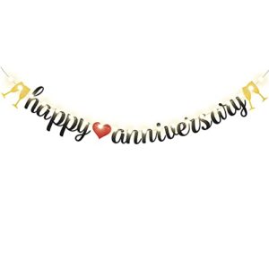 happy anniversary banner with string light 8 flicker mode, gold and black glitter sign banner, anniversary hanging sign garland for anniversary wedding party ceremony decoration