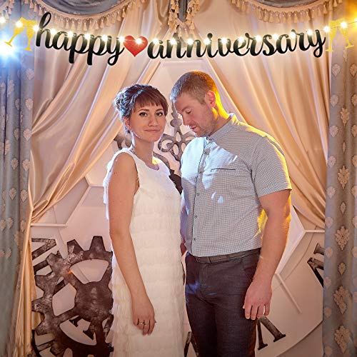 Happy Anniversary Banner with String Light 8 Flicker Mode, Gold and Black Glitter Sign Banner, Anniversary Hanging Sign Garland for Anniversary Wedding Party Ceremony Decoration