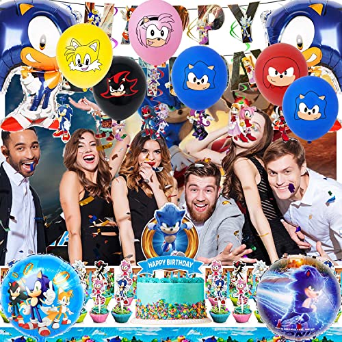 Sonic Birthday Party Supplies, Birthday Party Decorations Including Banners, Foil Balloons, Latex Balloons, Cake Toppers, Plates, Tableware, Backdrop and Tablecloth