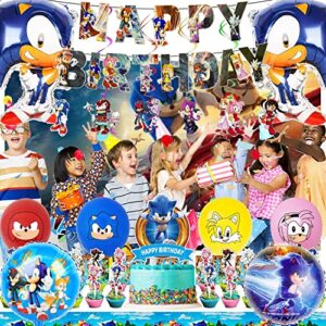 Sonic Birthday Party Supplies, Birthday Party Decorations Including Banners, Foil Balloons, Latex Balloons, Cake Toppers, Plates, Tableware, Backdrop and Tablecloth