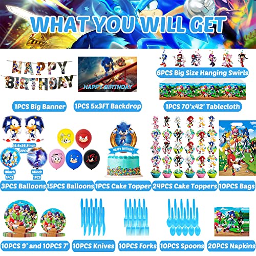 Sonic Birthday Party Supplies, Birthday Party Decorations Including Banners, Foil Balloons, Latex Balloons, Cake Toppers, Plates, Tableware, Backdrop and Tablecloth