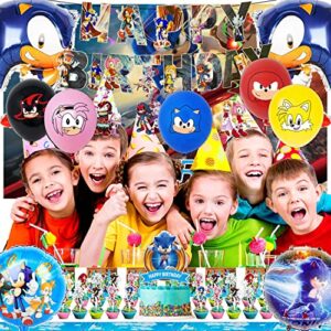 Sonic Birthday Party Supplies, Birthday Party Decorations Including Banners, Foil Balloons, Latex Balloons, Cake Toppers, Plates, Tableware, Backdrop and Tablecloth