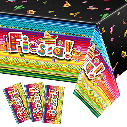 3 Pieces Fiesta Theme Party Tablecloth, Cinco De Mayo Party Table Covers Mexican Serape Table Runner Cloth Fiesta Birthday Party Supplies for Mexican Fiesta Party Wedding Decoration, 108 x 54 Inch