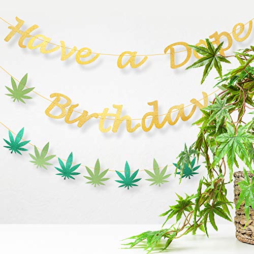 2 Pieces Pot Leaves Birthday Banner Glittery Green Weed Leaves Banner Gold Letter Banner for Birthday Party Decoration Supplies