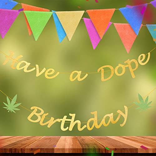 2 Pieces Pot Leaves Birthday Banner Glittery Green Weed Leaves Banner Gold Letter Banner for Birthday Party Decoration Supplies