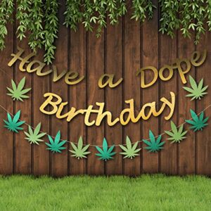 2 Pieces Pot Leaves Birthday Banner Glittery Green Weed Leaves Banner Gold Letter Banner for Birthday Party Decoration Supplies