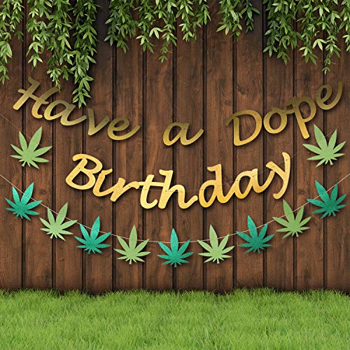 2 Pieces Pot Leaves Birthday Banner Glittery Green Weed Leaves Banner Gold Letter Banner for Birthday Party Decoration Supplies