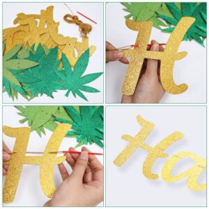 2 Pieces Pot Leaves Birthday Banner Glittery Green Weed Leaves Banner Gold Letter Banner for Birthday Party Decoration Supplies