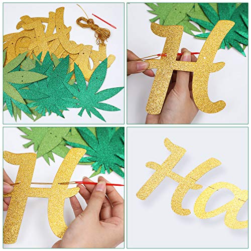 2 Pieces Pot Leaves Birthday Banner Glittery Green Weed Leaves Banner Gold Letter Banner for Birthday Party Decoration Supplies